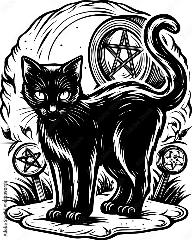 Dark Gothic-inspired tattoo art in detailed SVG vector style. Black Cat ...