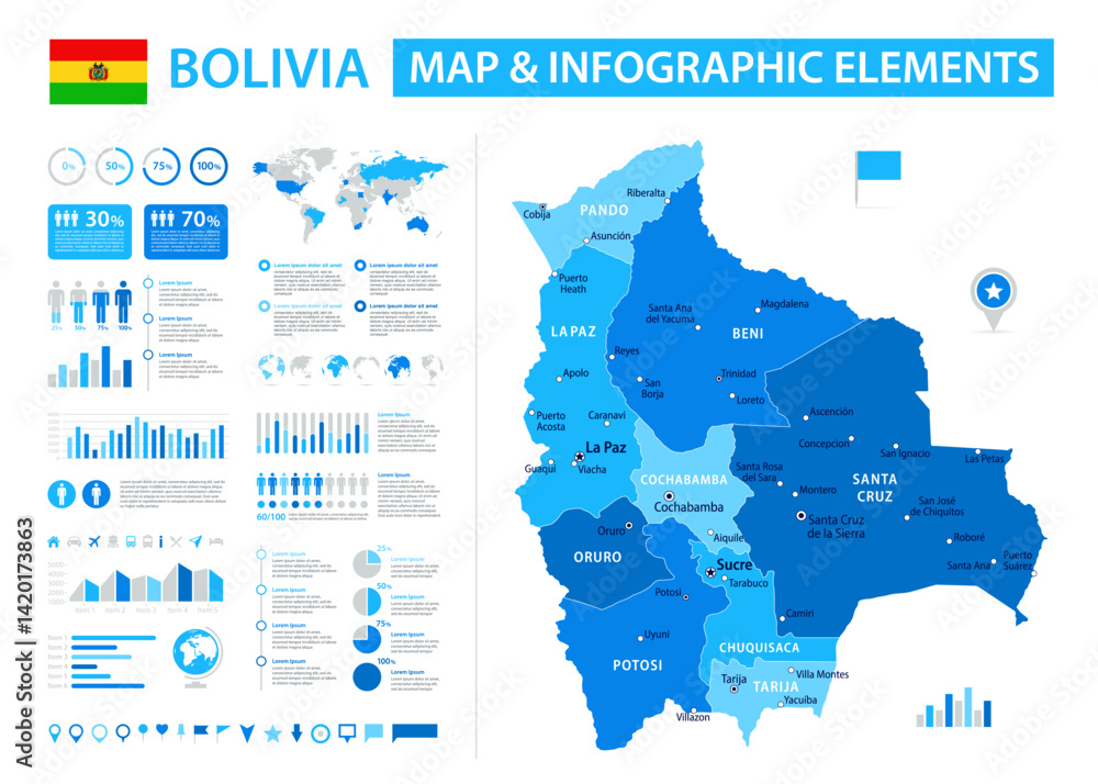 Vector de Stock Bolivia Infographic Map with Data Visualization Elements - Vector Map of Bolivia ...