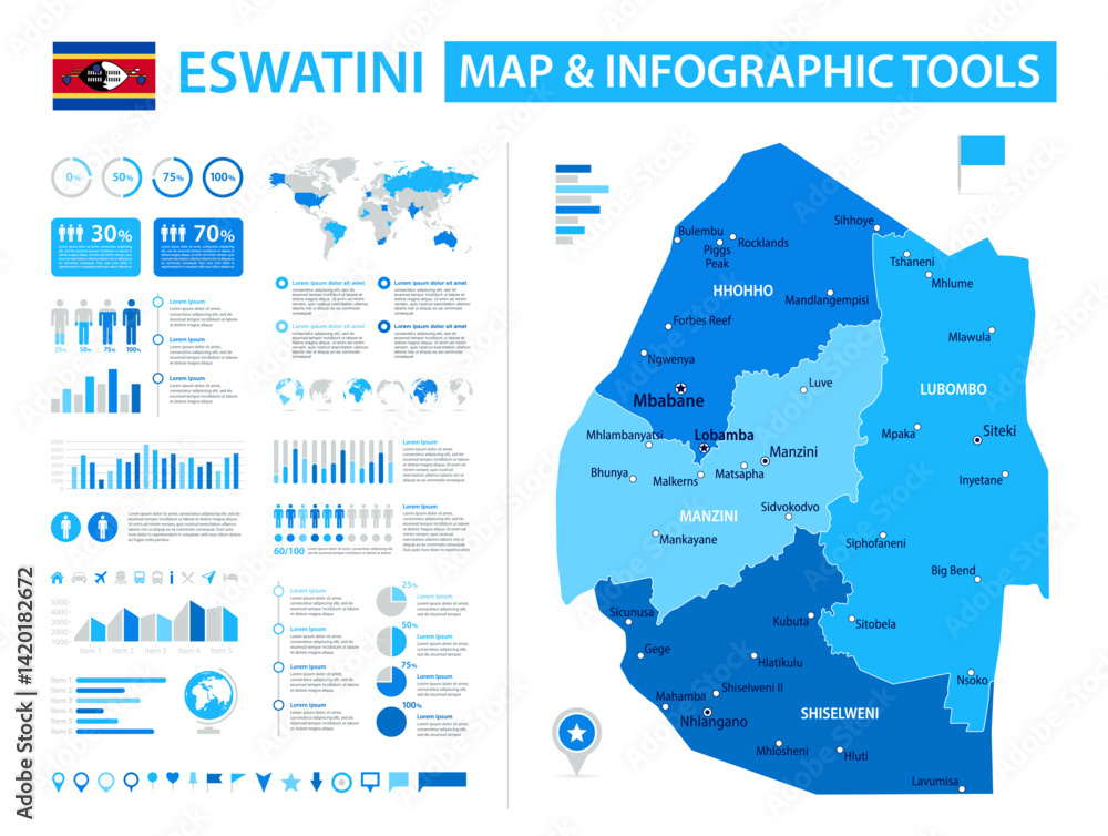 Eswatini Infographic Map with Data Visualization Elements - Vector Map ...