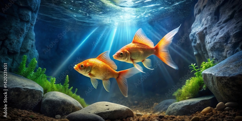 Two vibrant goldfish gracefully swim in an aquatic environment ...