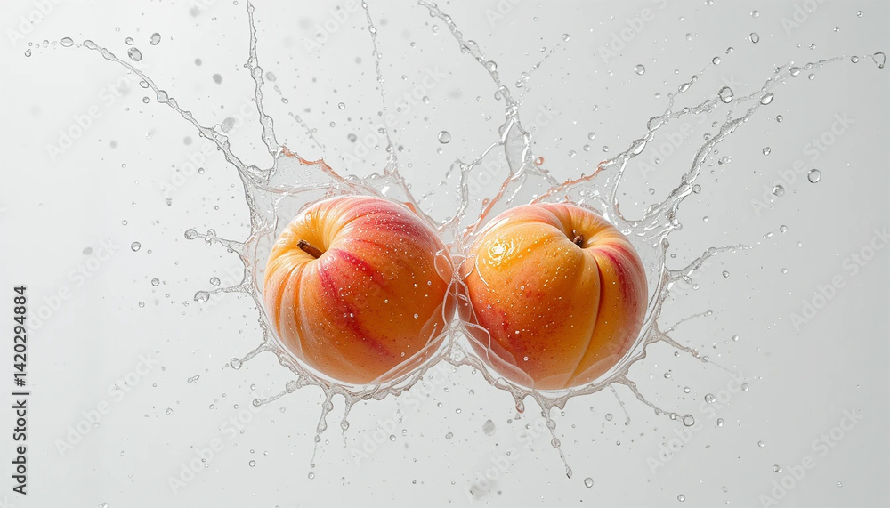 Water splash with peaches in air on white background. Fresh and vibrant ...