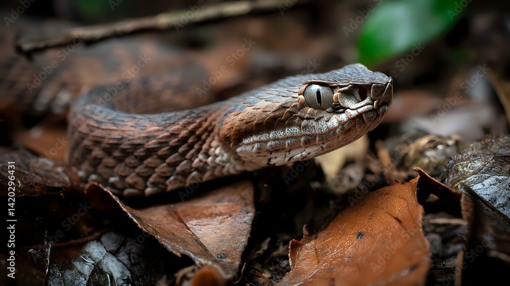 Sidewinder snake in leaf-covered forest terrain, fine grain texture on ...