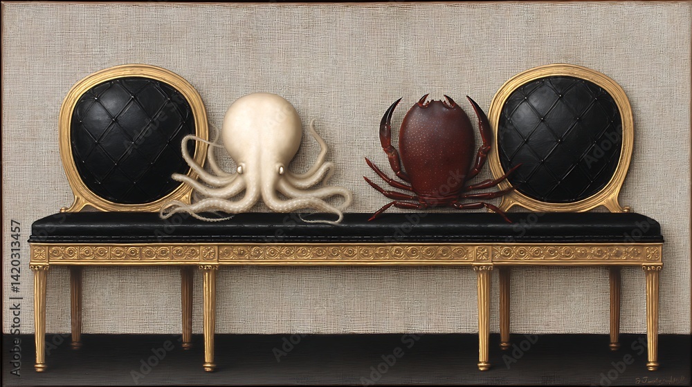 Surreal Seating Arrangement Two Sea Creatures Posing Elegantly on ...