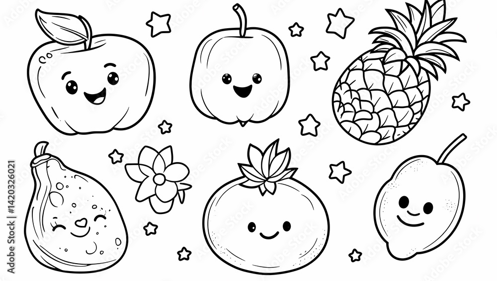 Cute fruits coloring page; kids activity Stock Illustration | Adobe Stock