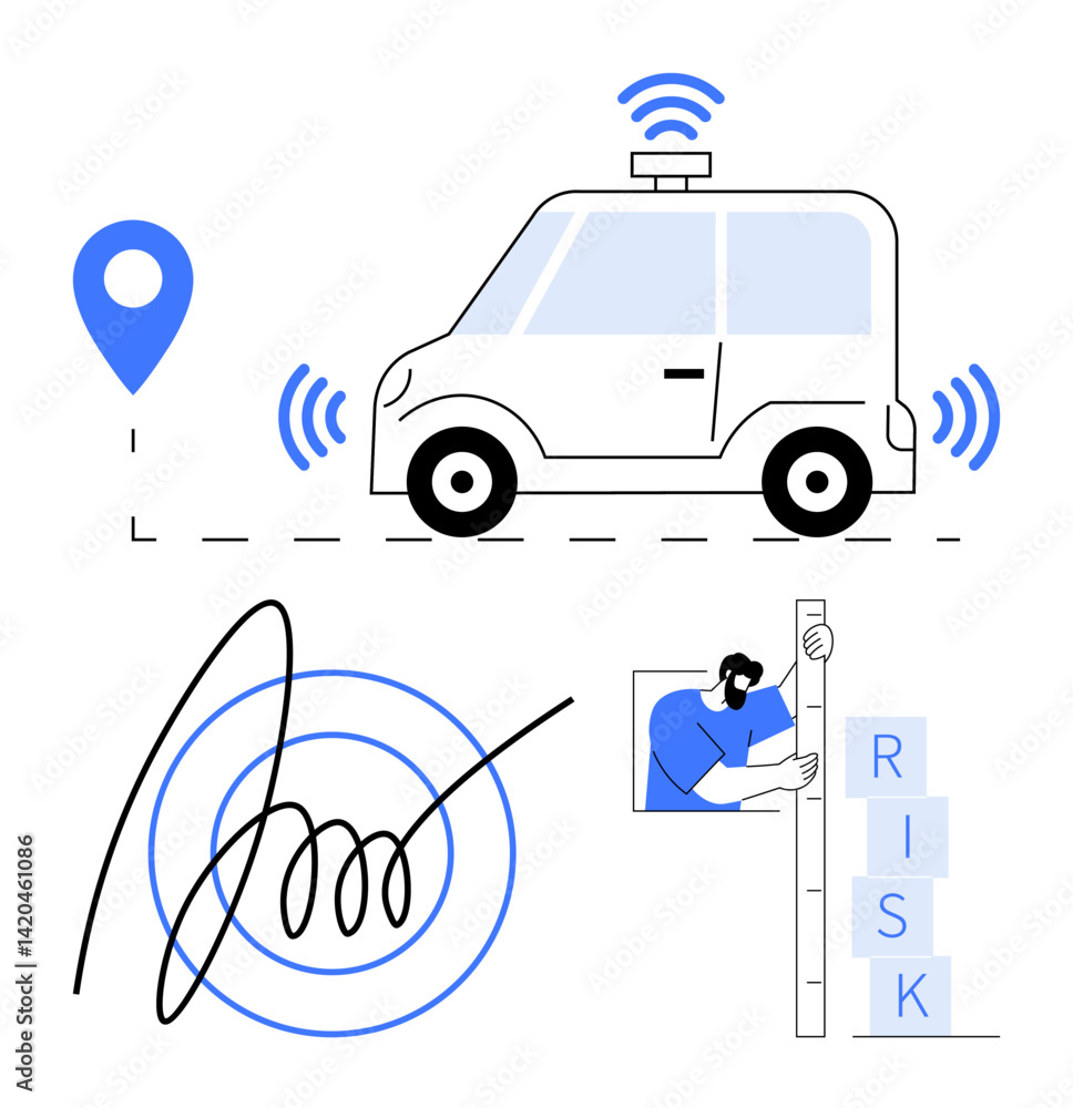 Self-driving car using GPS for navigation, wireless signals denoting ...