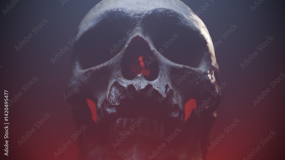 red-illuminated skull, with dynamic light and shadow movement creating ...