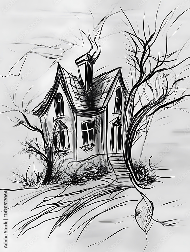 Stylized monochrome sketch of a quaint cottage with a smoking chimney ...