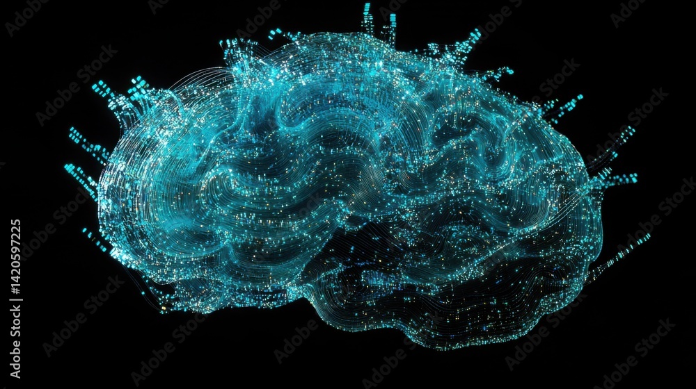 Electric data streams forming a brain-shaped network, pulsing in sync with flowing binary code ...