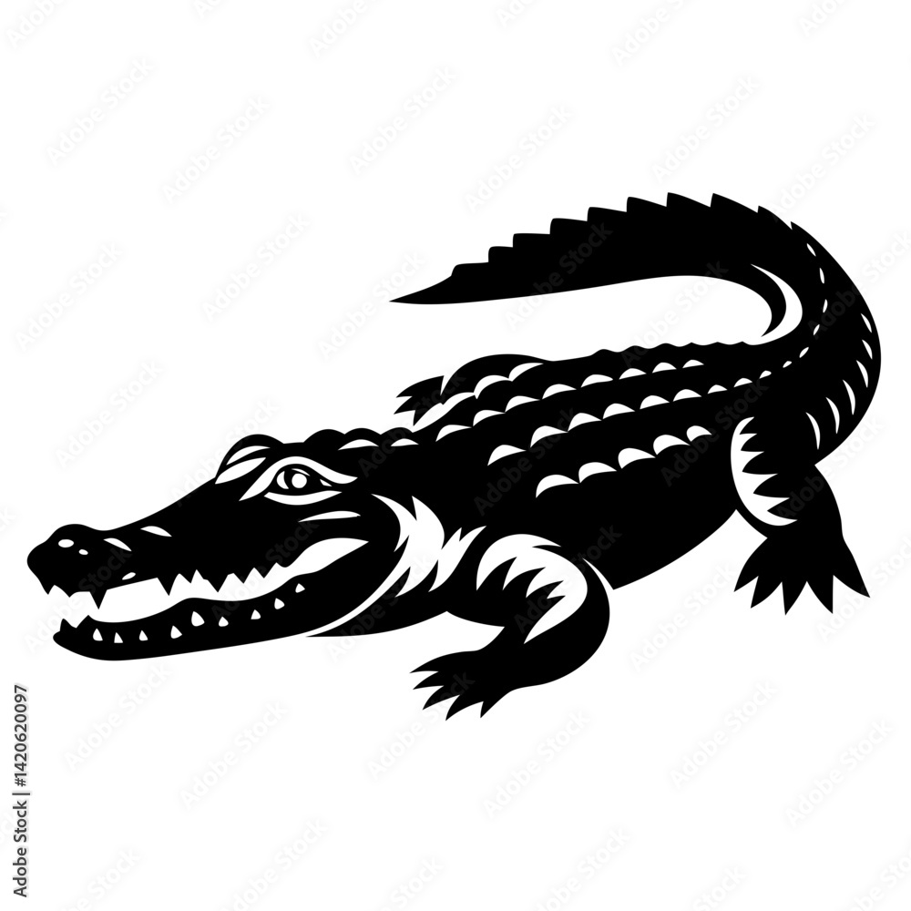 Black and white drawing of a stylized alligator lurking in the waters ...