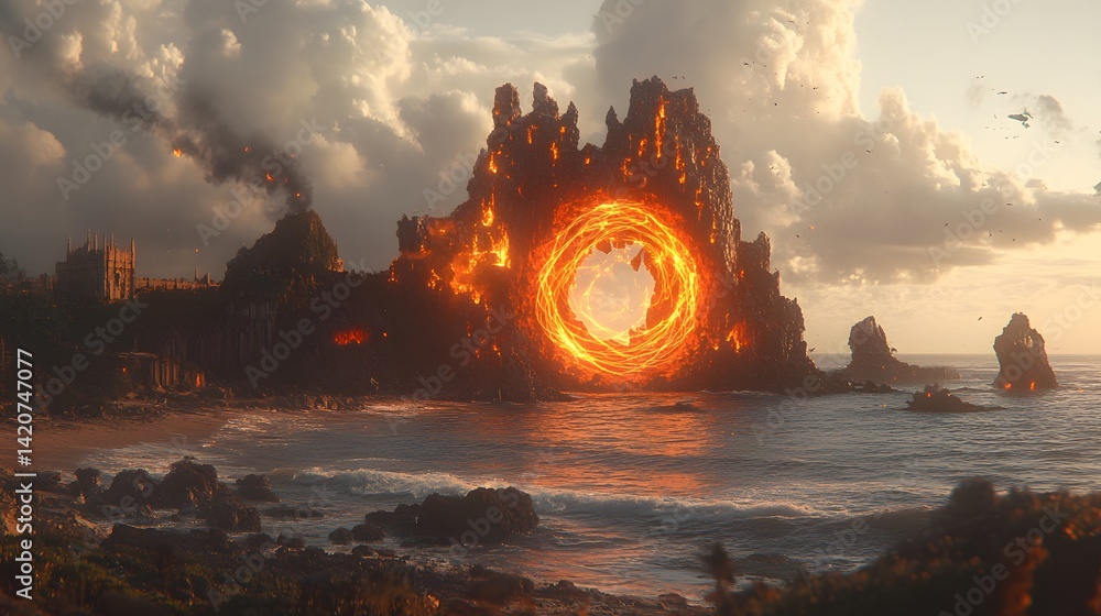 Fiery portal opening on a volcanic coastal landscape. Stock ...