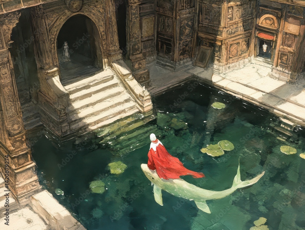 Monk on dolphin navigates tranquil pool in ancient temple lily pads ...