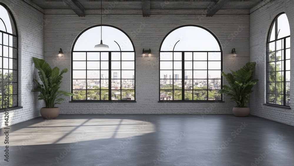 Sunlit industrial loft with arched windows, exposed brick, and potted ...