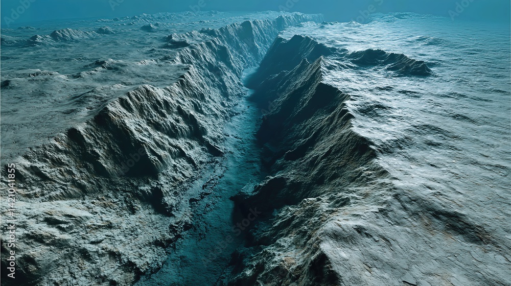 The deep sea ocean floor reveals a dramatic landscape of rugged ridges ...