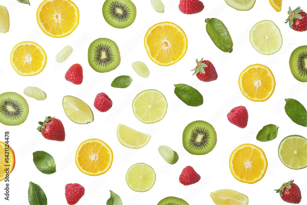 Colorful mix of different fruits with oranges shown in flat view on a ...