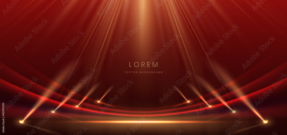 Vetor Scene elegant red curved ray with gold lighting effect sparkle on ...
