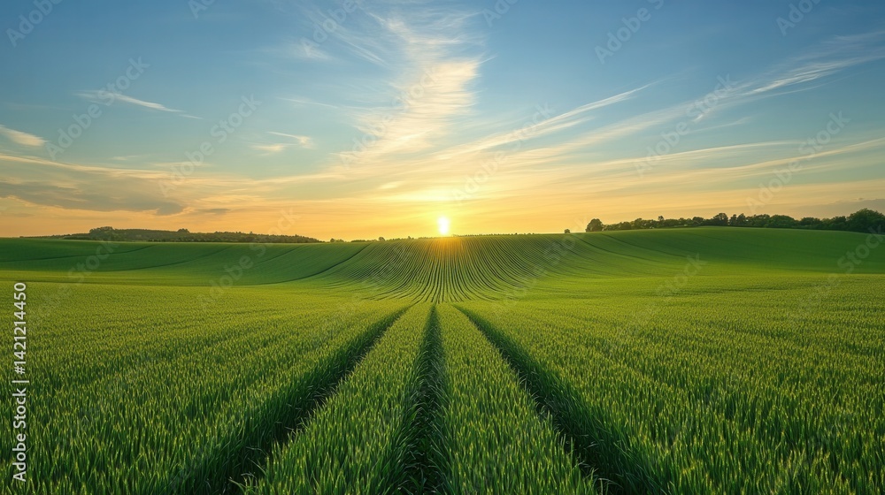 Sunrise over a vibrant green field Stock Photo | Adobe Stock