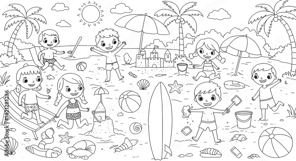 Ilustración de Stock hello summer coloring page in A4 size, beach theme ...
