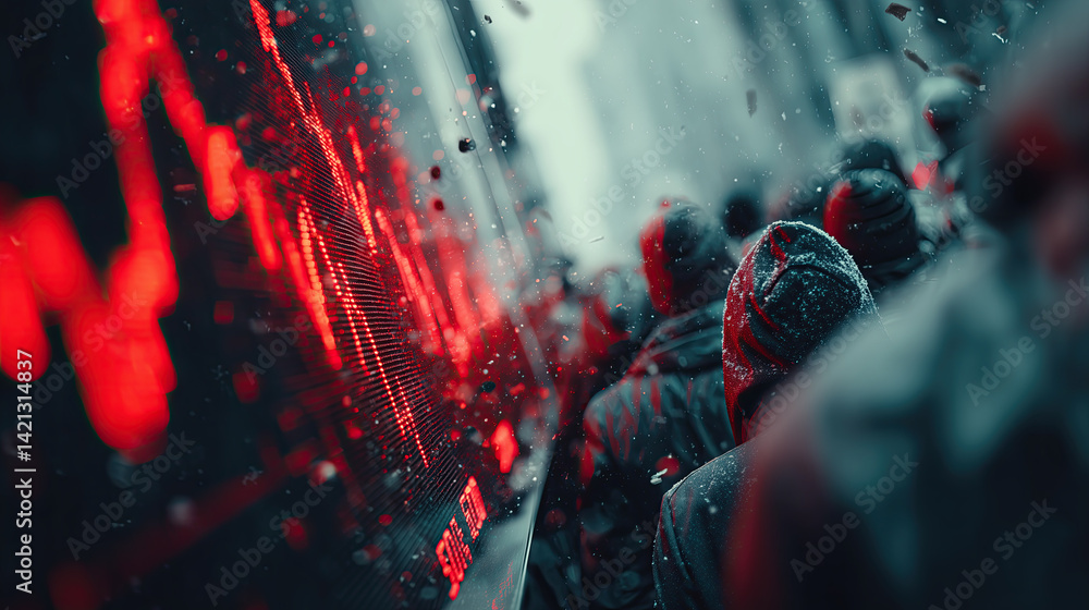 chaotic financial scene with red stock market crash display and crowd ...