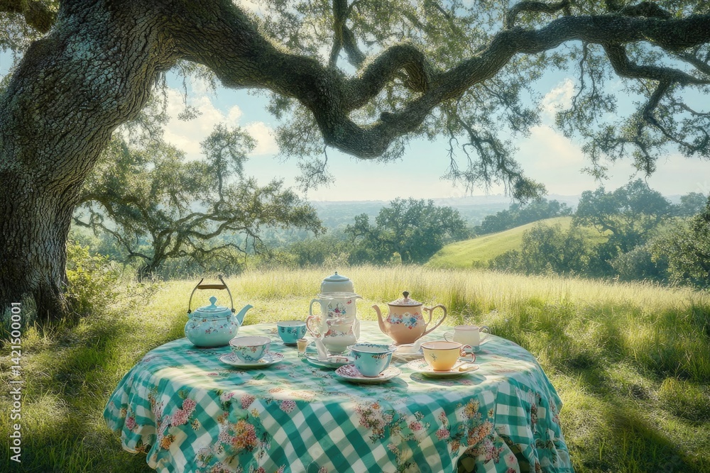 Outdoor tea party under oak tree Stock Photo | Adobe Stock
