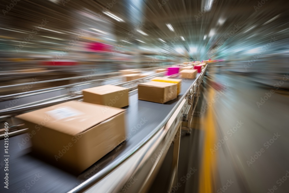 Fast-Moving Cardboard Boxes on Conveyor Belt in a Warehouse, Rapid Transportation System for ...