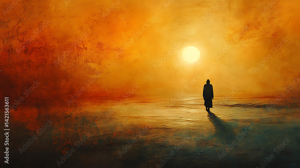 From afar, Jesus as a tiny figure walking the narrow threshold between ...