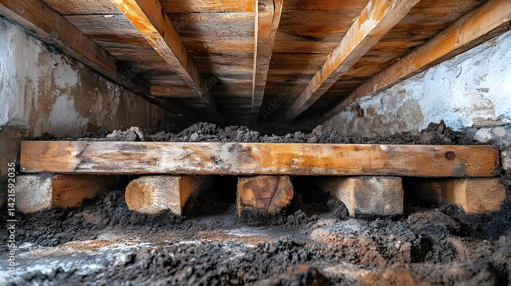 Crawl space showing wooden support beams and soil, symbolizing home ...