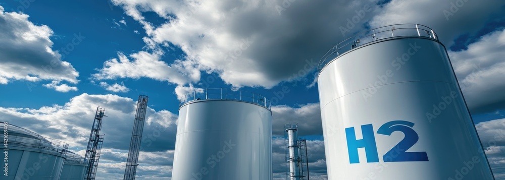 the text "H2" on Hydrogen storage tank tanks of various sizes ...