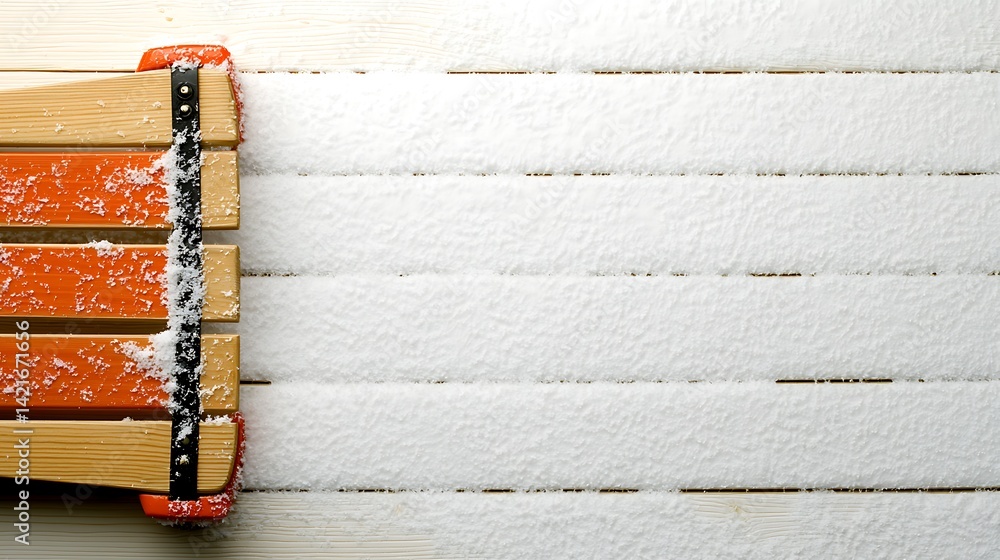 Snow being pushed off wooden slats with a squeegee leaving a clear ...