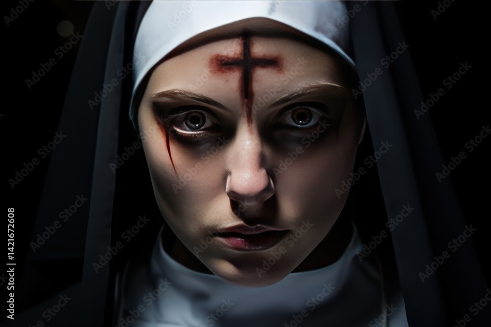 Fotografie Evil Nun. Horror nun with blood on her body isolated on ...