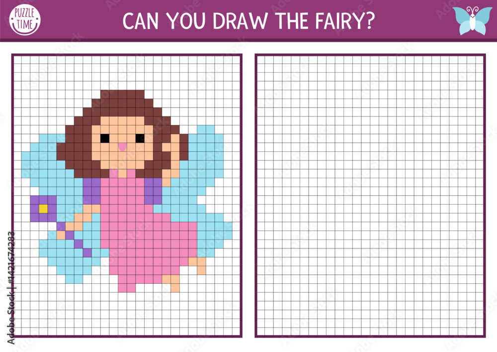 Draw the fairy by pixel grid. Vector drawing practice worksheet ...