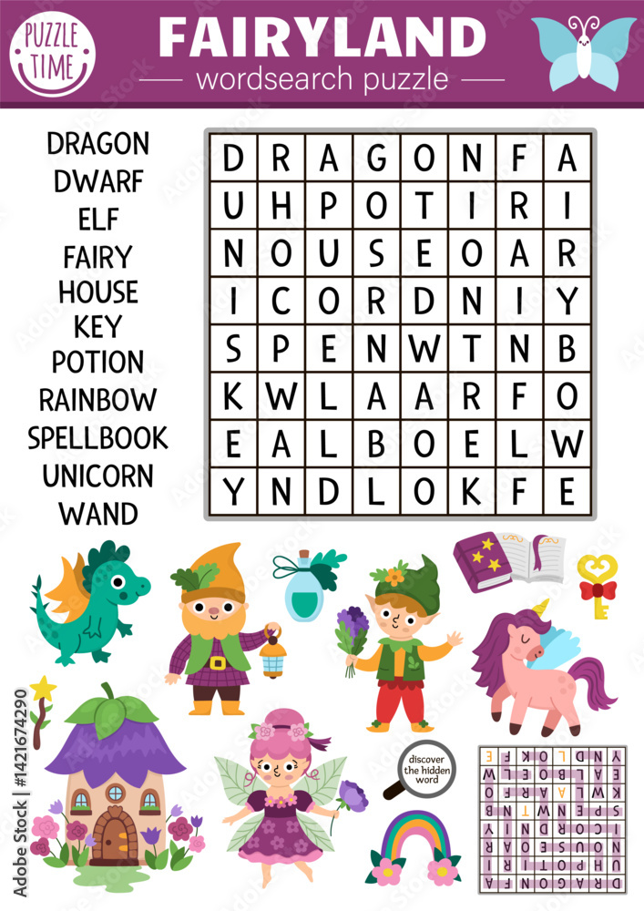 Vector fairyland wordsearch puzzle for kids. Simple word search quiz ...