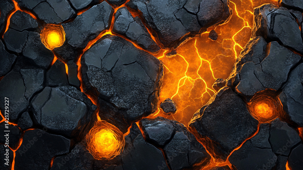 Glowing Orange Lava Cracks with Organic Texture and Charred Rock Cores ...