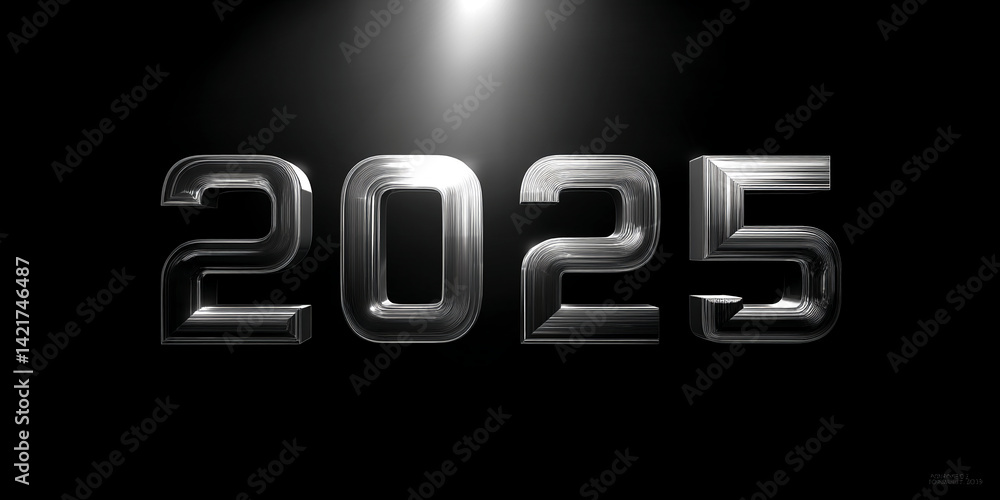 Chrome-plated 2025 digits on black background, illuminated from above ...