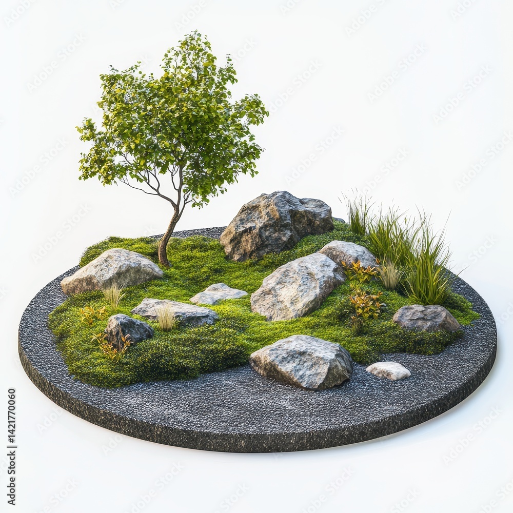 Miniature landscape design featuring a small tree, various rocks, and ...