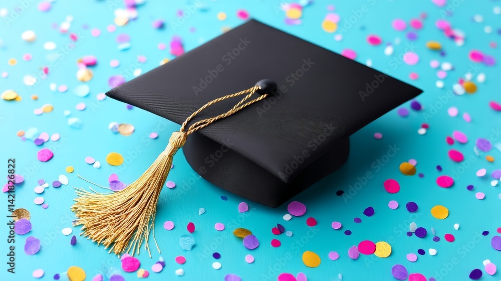 Graduation Cap and Confetti - Black graduation cap with gold tassel on ...