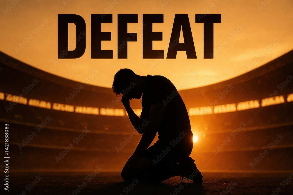 A silhouette of a defeated athlete kneeling in a stadium, surrounded by ...