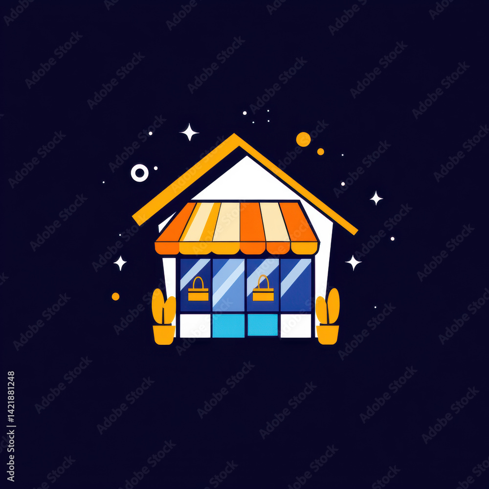 Cartoon illustration of a cute storefront with awning, shopping bags ...