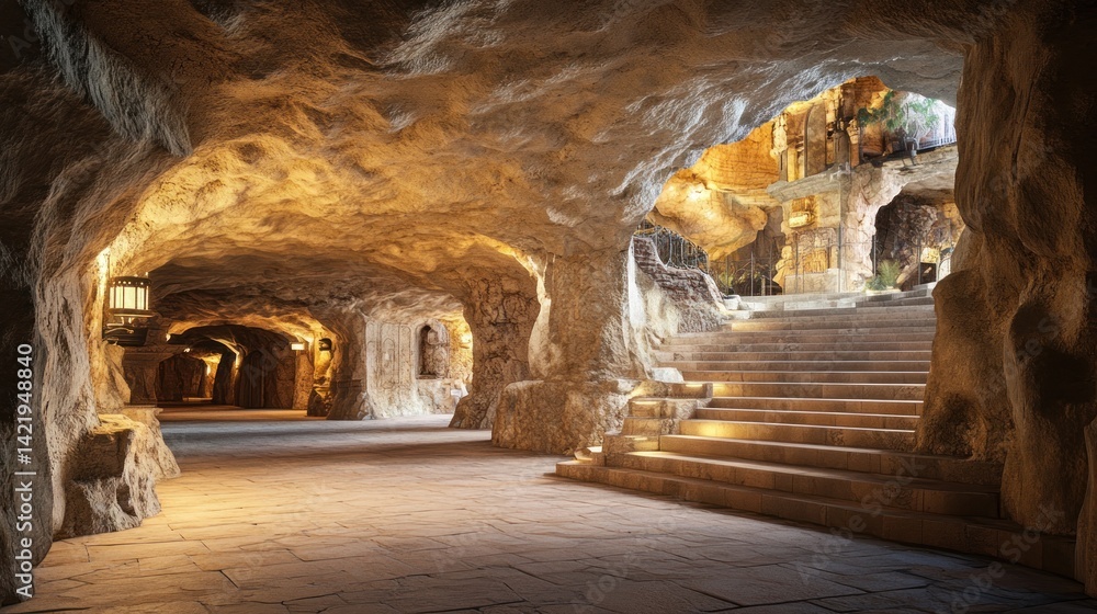 Illuminated Cave Pathway: A Journey Through Underground Stone ...