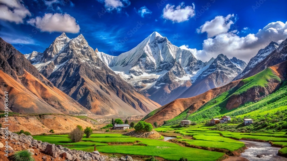 majestic himalayan mountain range with snow capped peaks and clear blue ...
