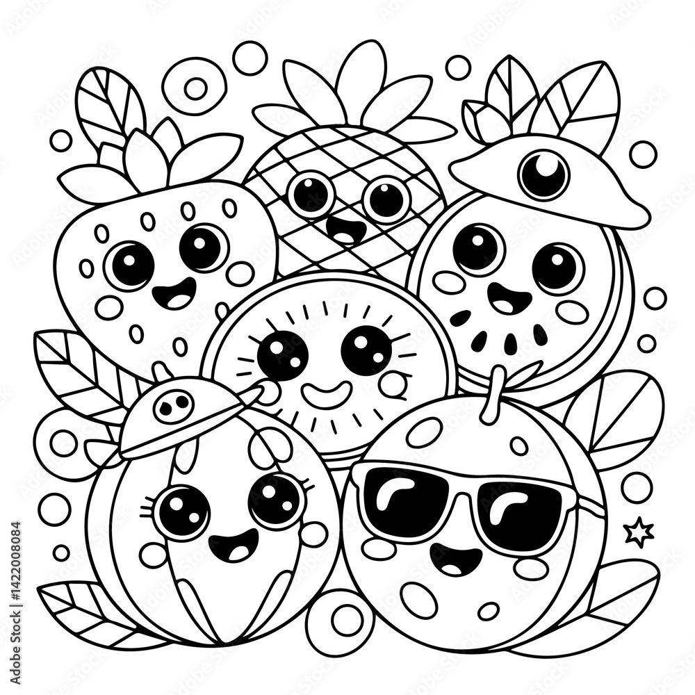 Summer Fruit's Coloring pages For Kids Stock Illustration | Adobe Stock