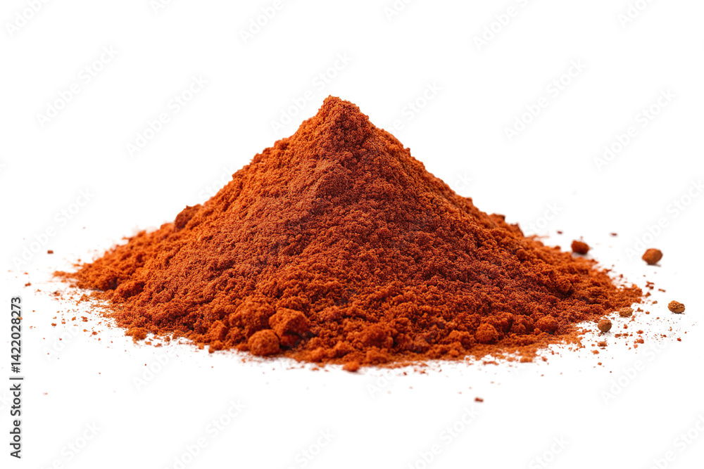Bright red chili powder in a mound on a white surface, showcasing its ...