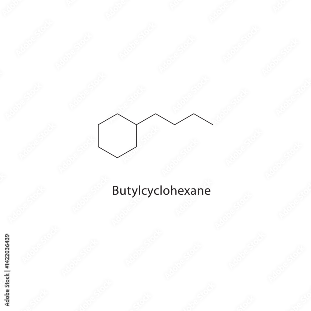 Butylcyclohexane skeletal structure. Cycloalkane compound schematic illustration. Simple diagram ...