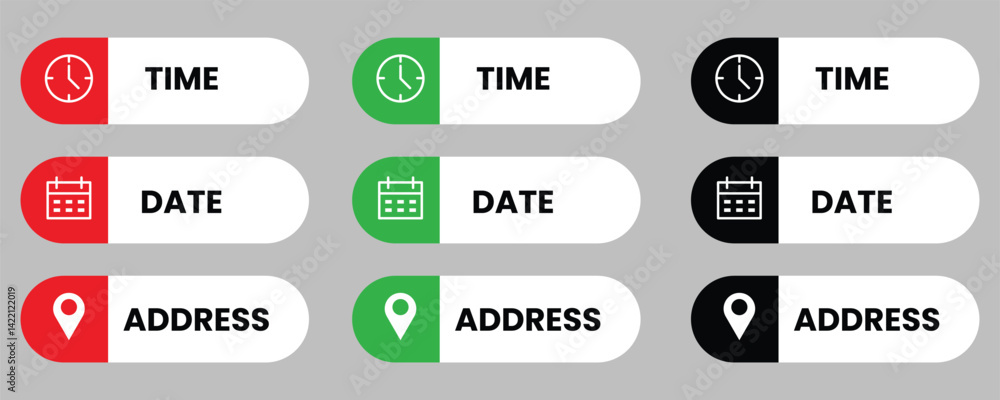 Time, date, address button for ux,ui design vector. Clock, calender ...