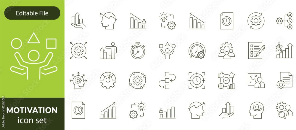 Motivation line editable icon set. Containing personal growth, goal ...