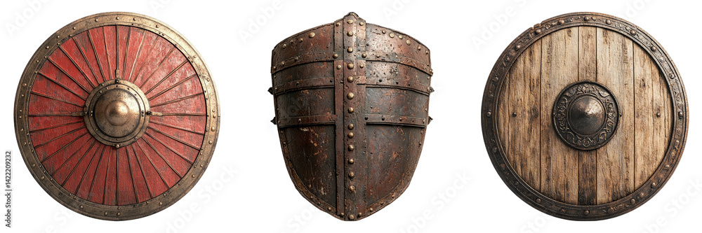 Viking round shields in wooden textures isolated on transparent PNG ...