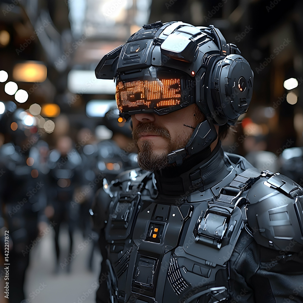 Cyberpunk soldier in futuristic armor with a digital visor. Use for sci ...