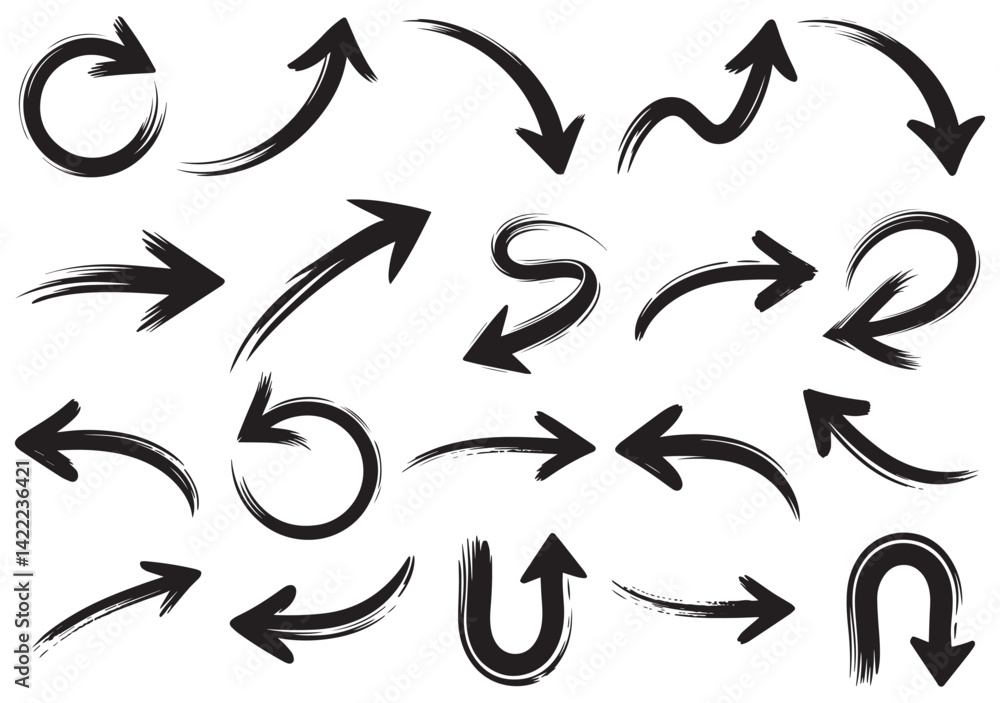Hand Drawn Arrow Brush Set, Vector Collection of Sketchy Arrows in ...