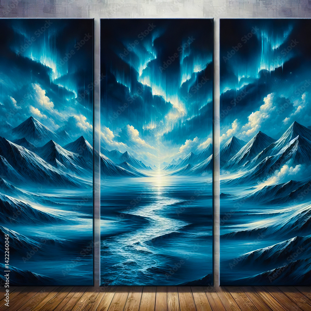 e image is a stunning three-panel canvas that spans the entire width of ...