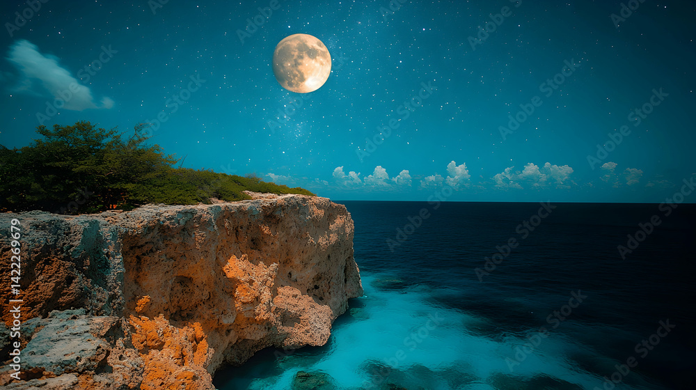 Rocky cliff faces the ocean under a starry night sky with a full moon ...