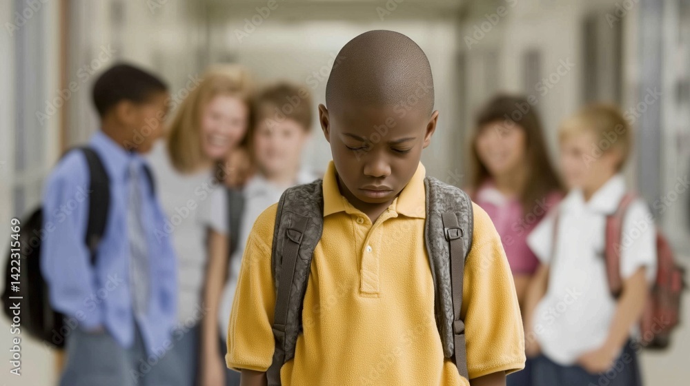 Sad african boy wearing backpack standing alone in school hallway while ...